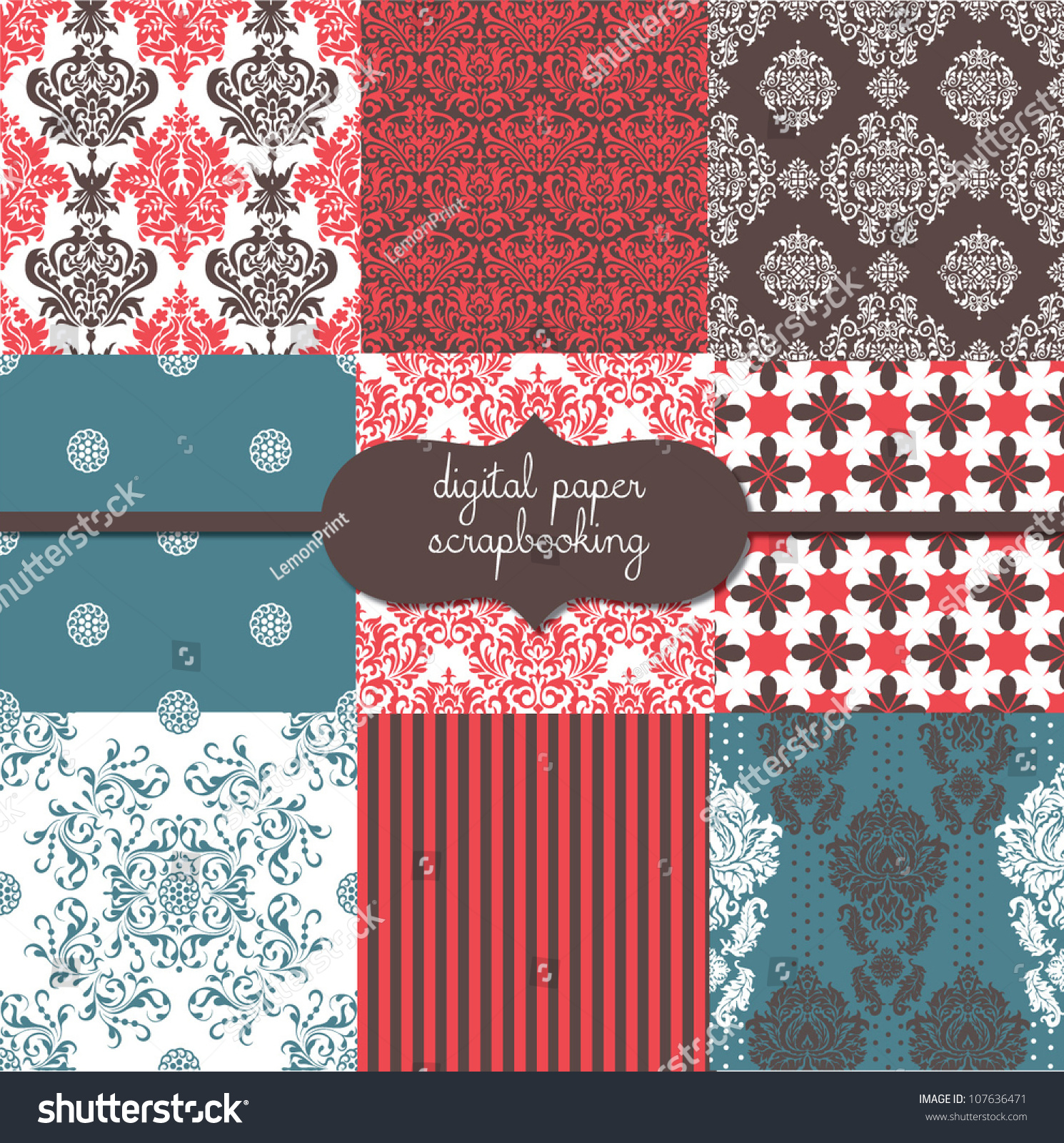 Damask Digital Scrapbook Paper Pack Stock Vector (Royalty Free) 107636471