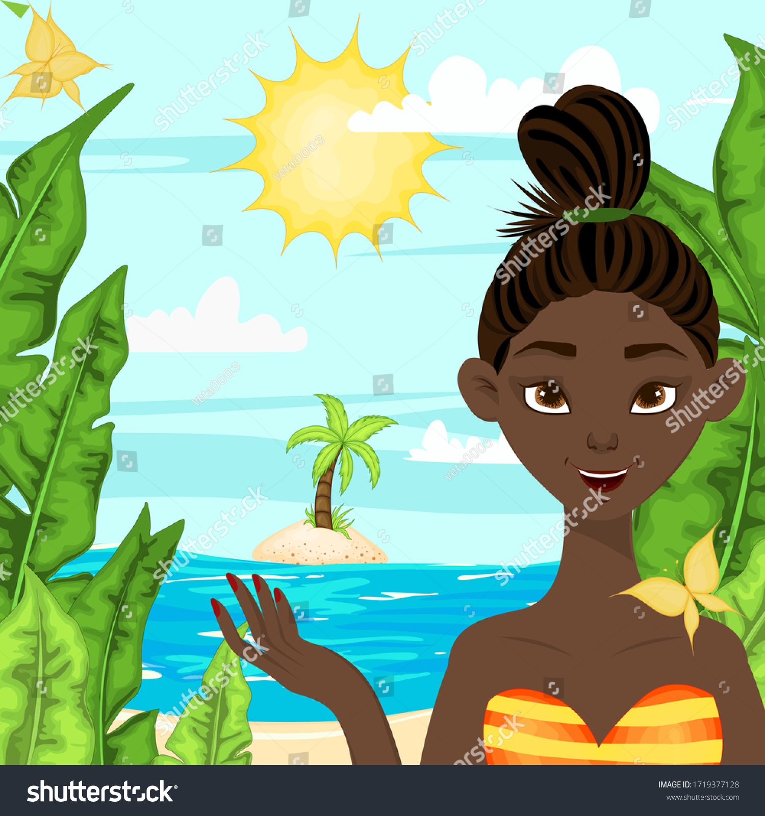 Darkskinned Girl On Background Summer Landscape Stock Vector Royalty
