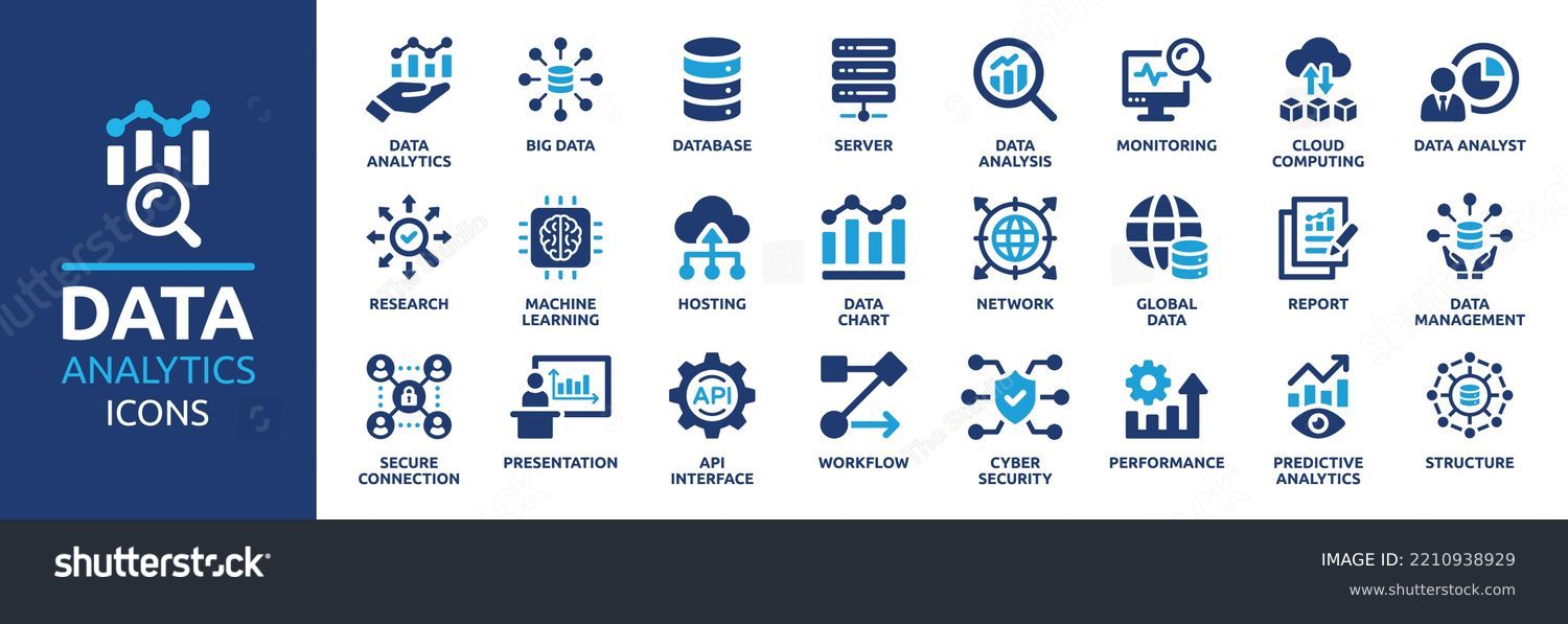 Data analytics icon set. Big data analysis technology symbol ...