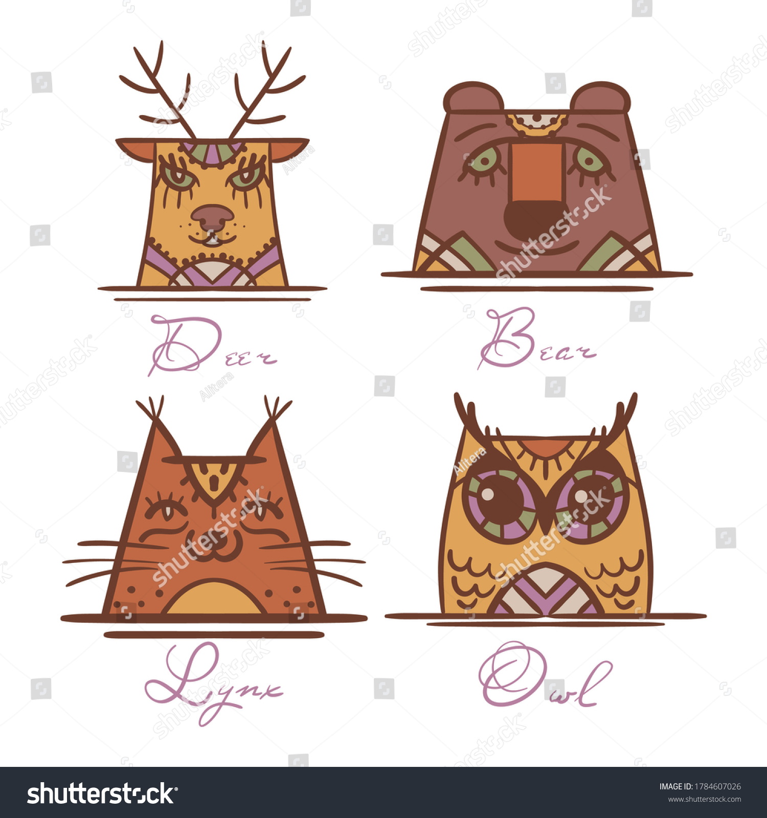 Deer Bear Lynx Owl Vector Forest Stock Vector (Royalty Free) 1784607026 ...