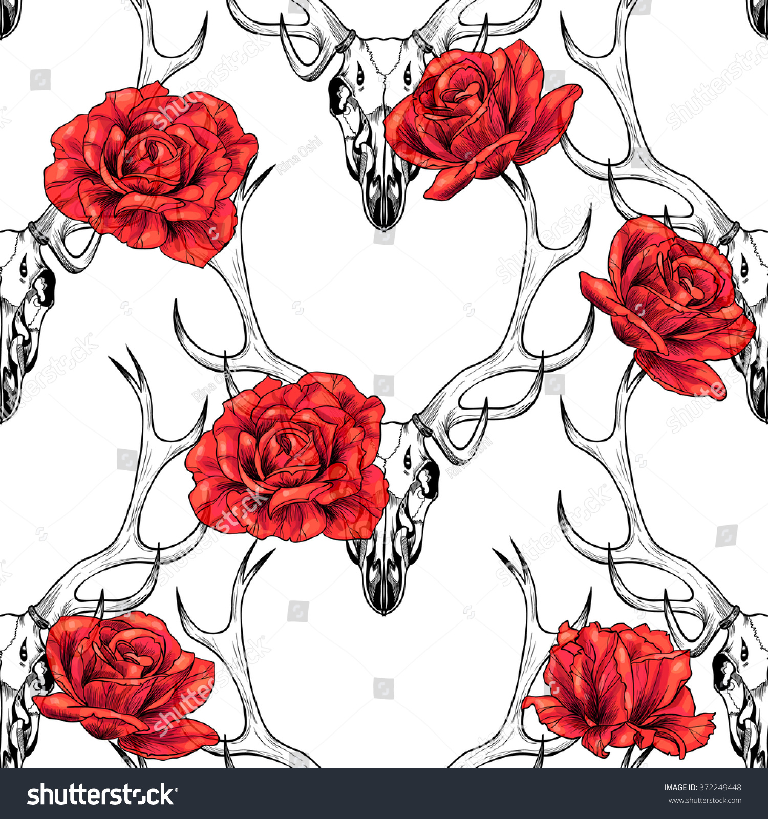 Deer Skull Red Roses Vector Seamless Stock Vector (Royalty Free) 372249448
