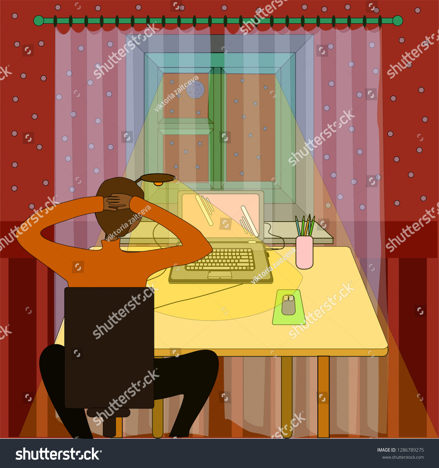 Desktop Night Room Computer Vector Graphics Stock Vector (Royalty Free ...