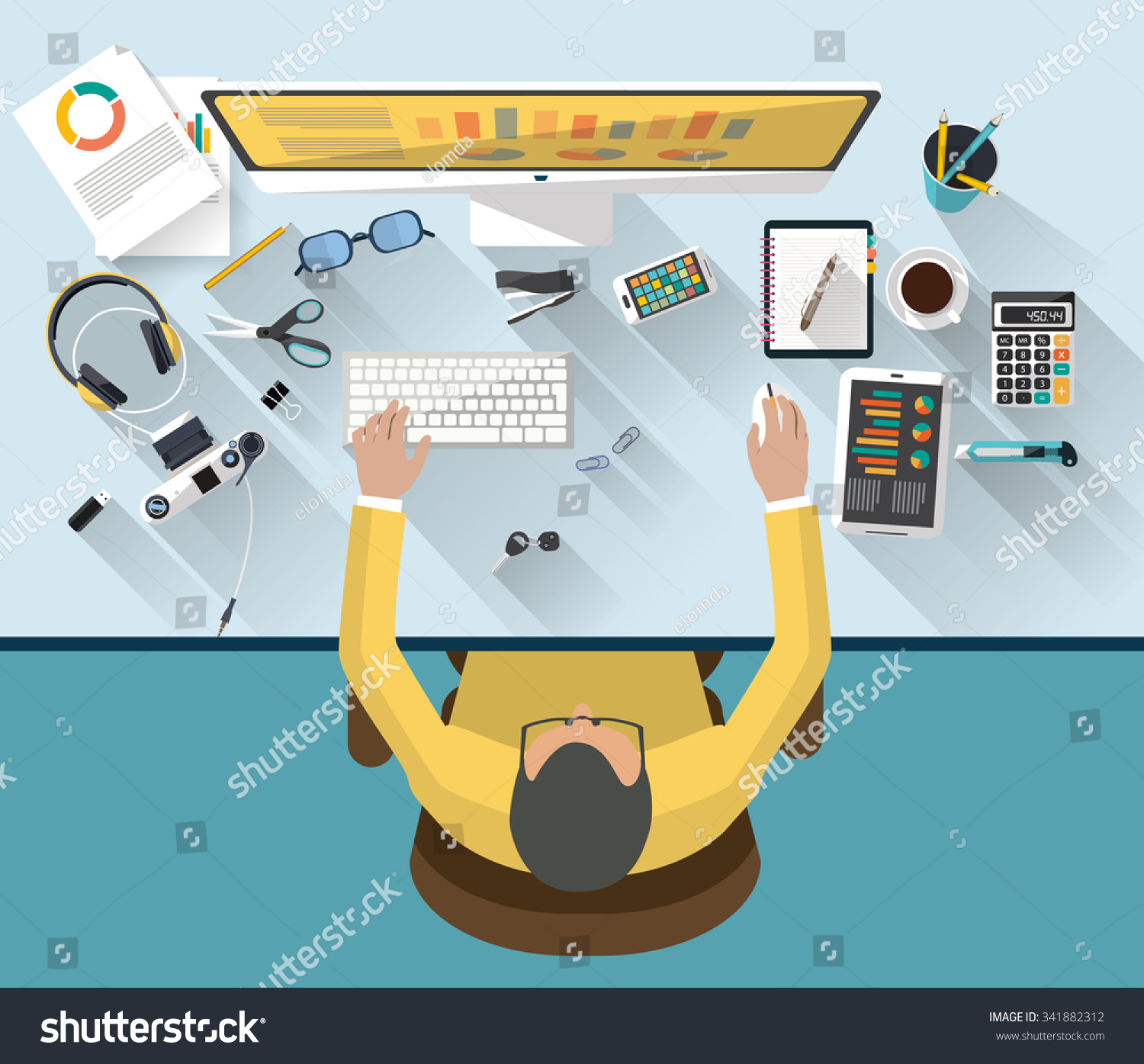 Desktop Working Place Flat Desing Top Stock Vector (Royalty Free) 341882312