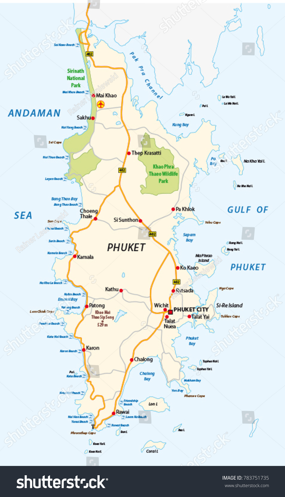 Detailed Phuket Road Beach Vector Map Stock Vector (Royalty Free) 783751735