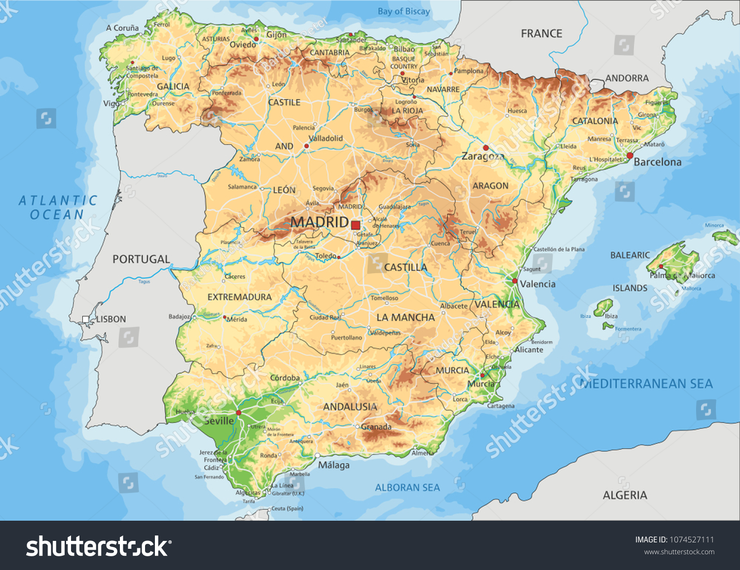 Detailed Spain Physical Map: เวกเตอร์สต็อก (ปลอดค่าลิขสิทธิ์) 1074527111