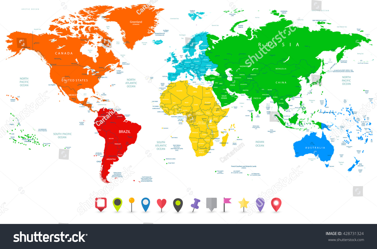 Vektor Stok Detailed Vector World Map Colorful Continents (Tanpa ...