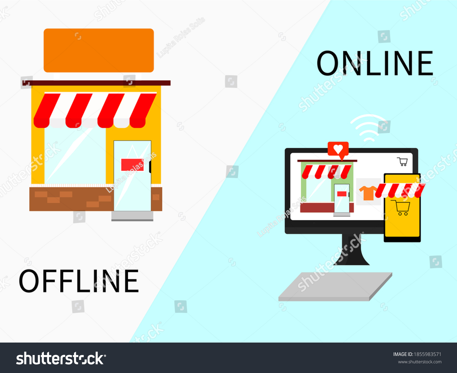 Diferencia entre tienda física y comercio: vector de stock (libre de ...