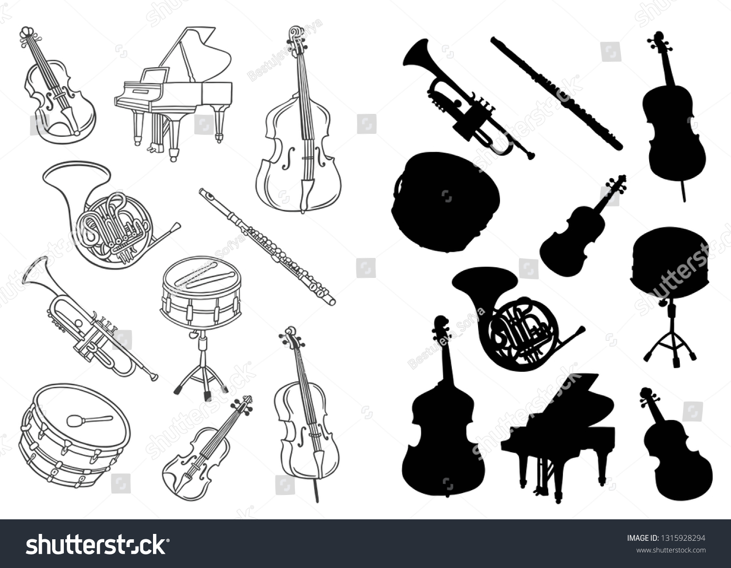 Different Classical Musical Instruments Coloring Find Stock Vector ...