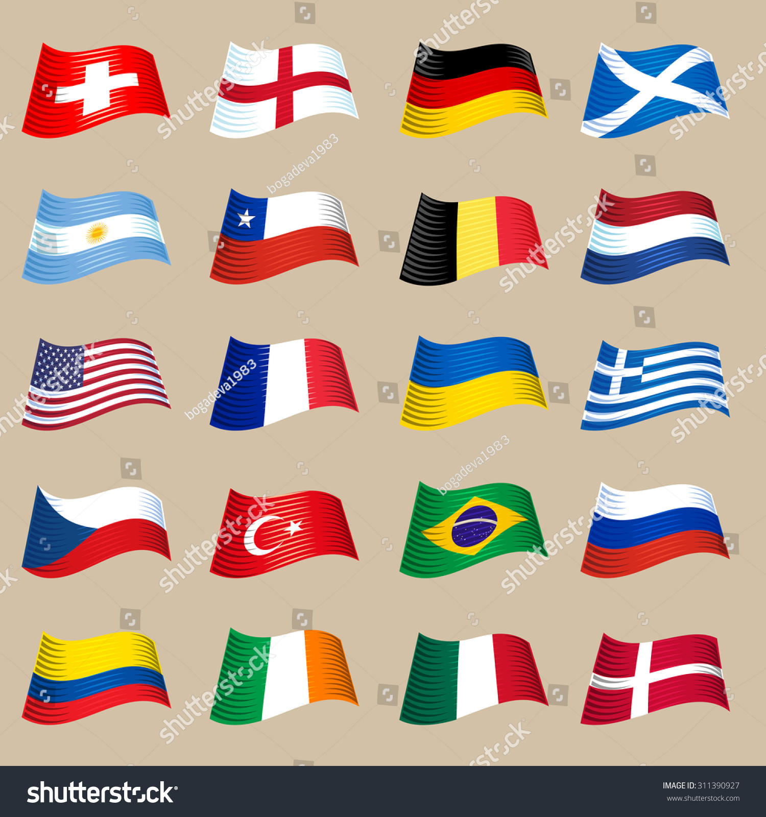 Different Countries Flags Set Fluttering Flags 스톡 벡터(로열티 프리) 311390927