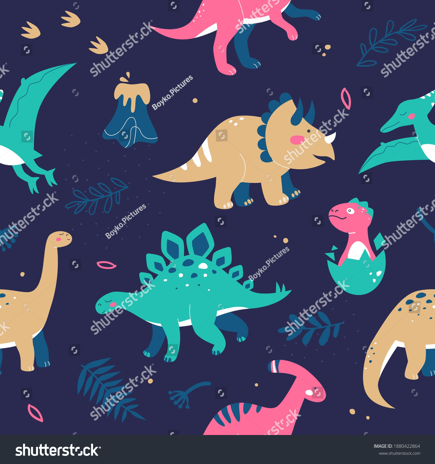 Different Dinosaurs Flat Design Style Seamless: เวกเตอร์สต็อก (ปลอดค่า ...