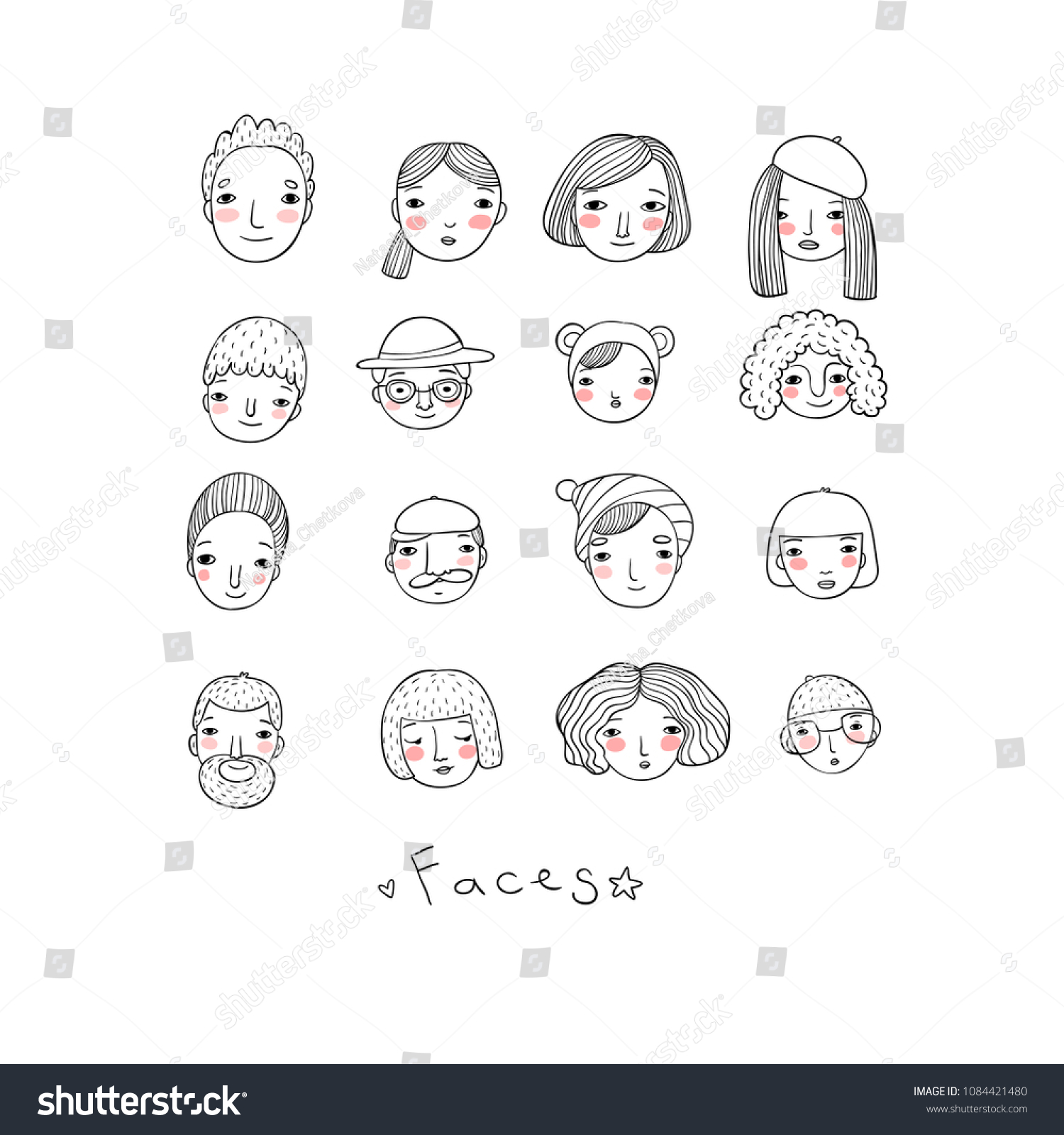 Different Faces Hand Drawing Isolated Objects Stock Vector (Royalty ...