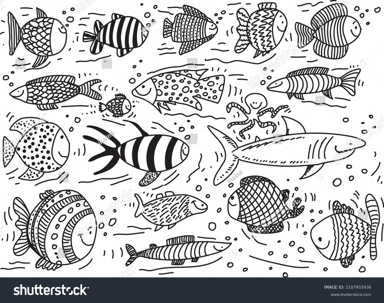 Different Fish Doodles Vector Hand Drawn Stock Vector (Royalty Free ...