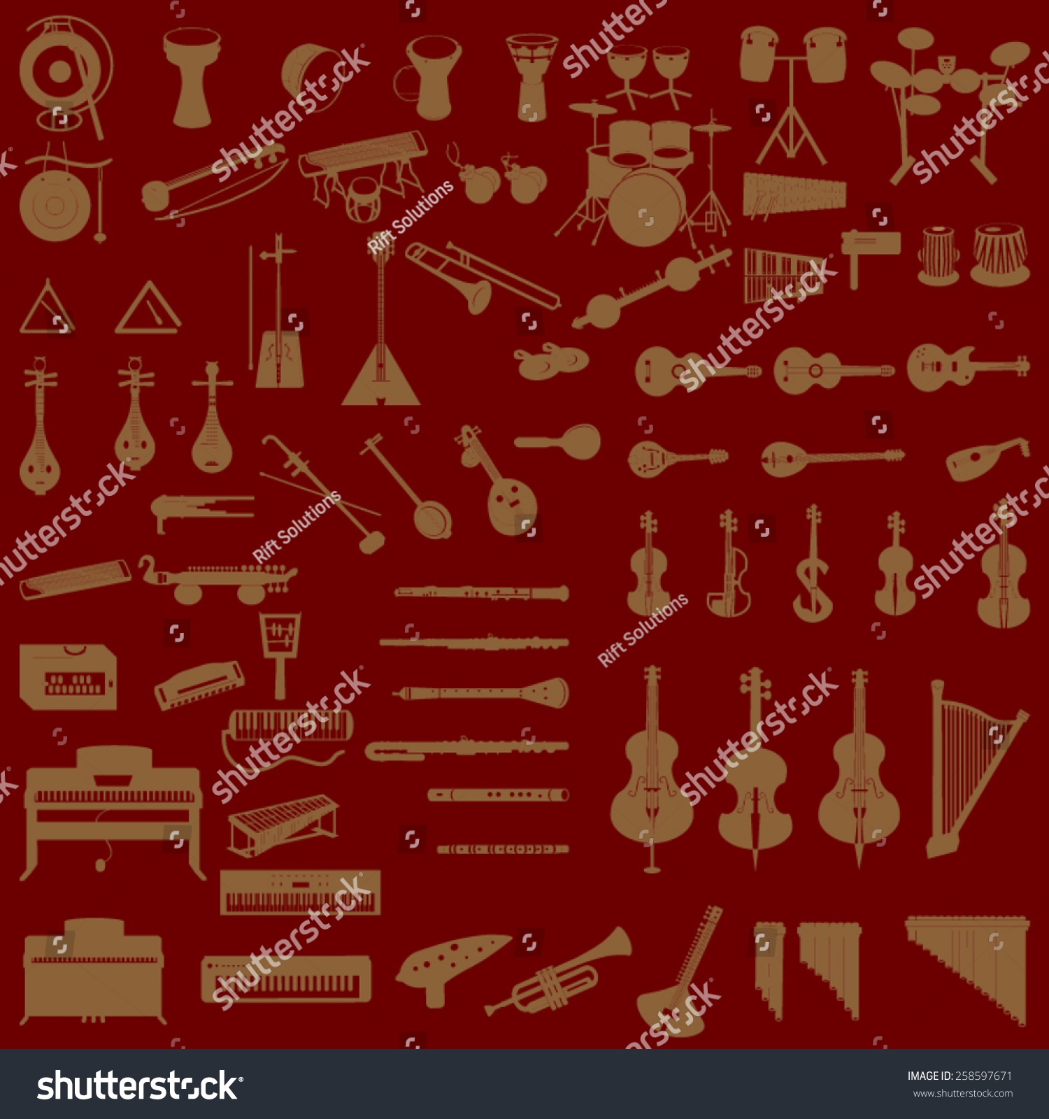 Different Music Instruments Dark Red Background: vector de stock (libre ...