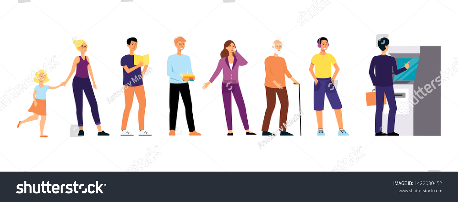 Different People Stand Queue Automated Teller Stock Vector (Royalty ... Different People Stand Queue Automated Teller Stock Vector (Royalty ...