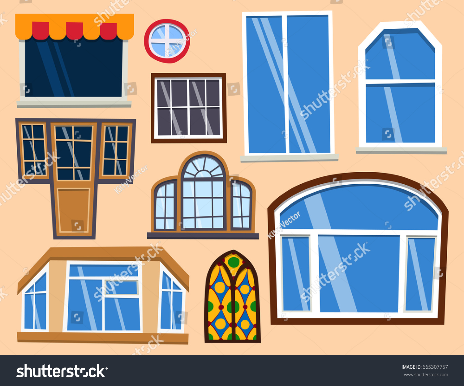 Different Types House Windows Elements Flat: เวกเตอร์สต็อก (ปลอดค่า ...