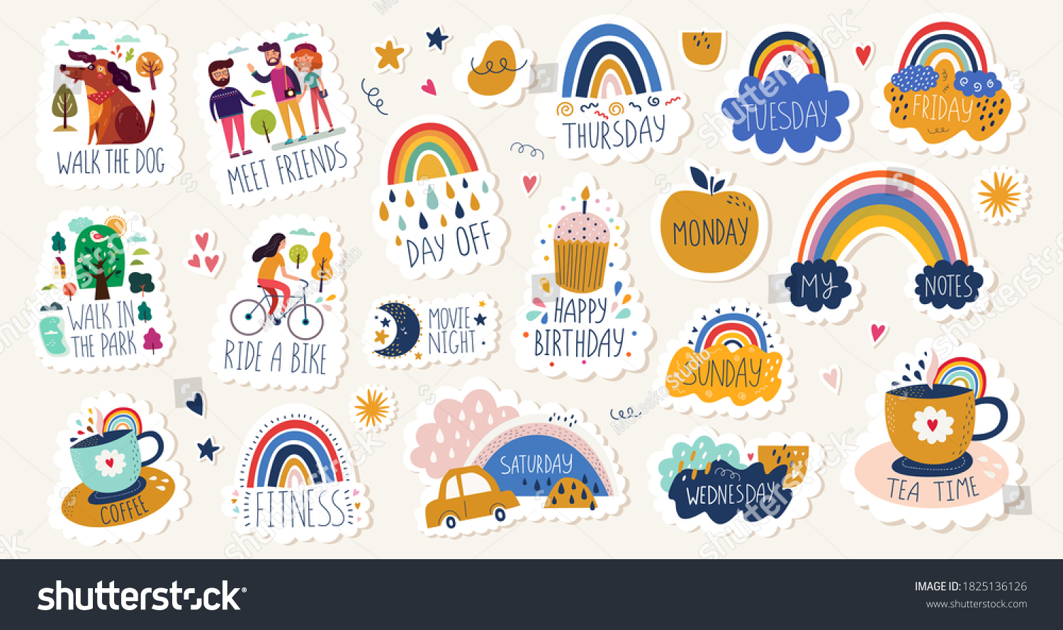 Digital Vector Planner Cute Stickers Isolated: เวกเตอร์สต็อก (ปลอดค่า
