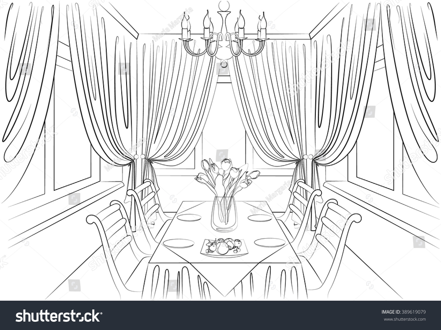 Dining Room Interior Pencil Sketch Stock Vector 389619079 - Shutterstock