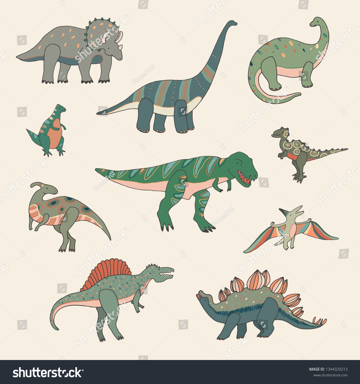 Dinosaur Cartoon Vector Illustrations Set: immagine vettoriale stock ...