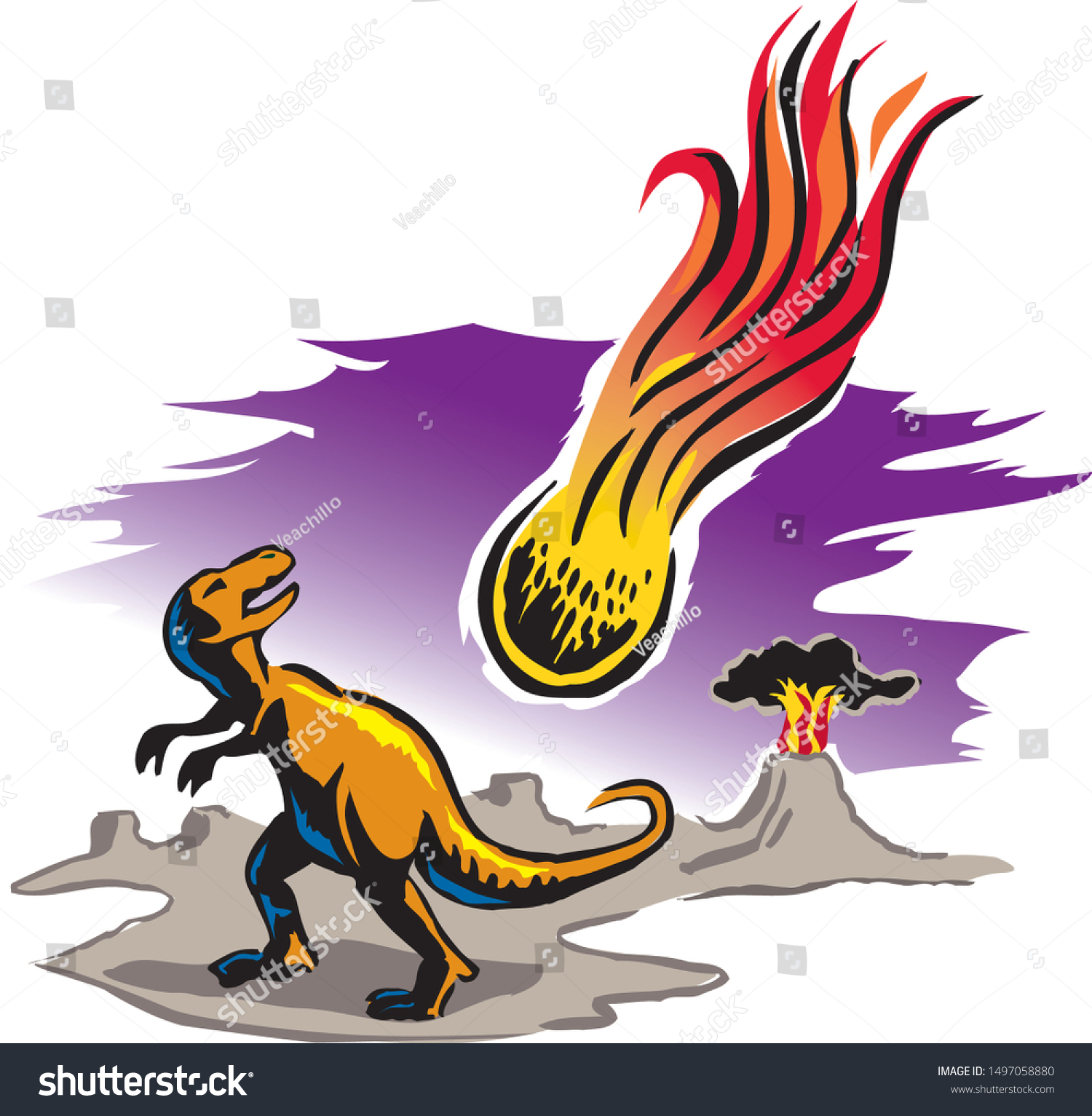 Dinosaur Volcano Meteor: vector de stock (libre de regalías) 1497058880 ...