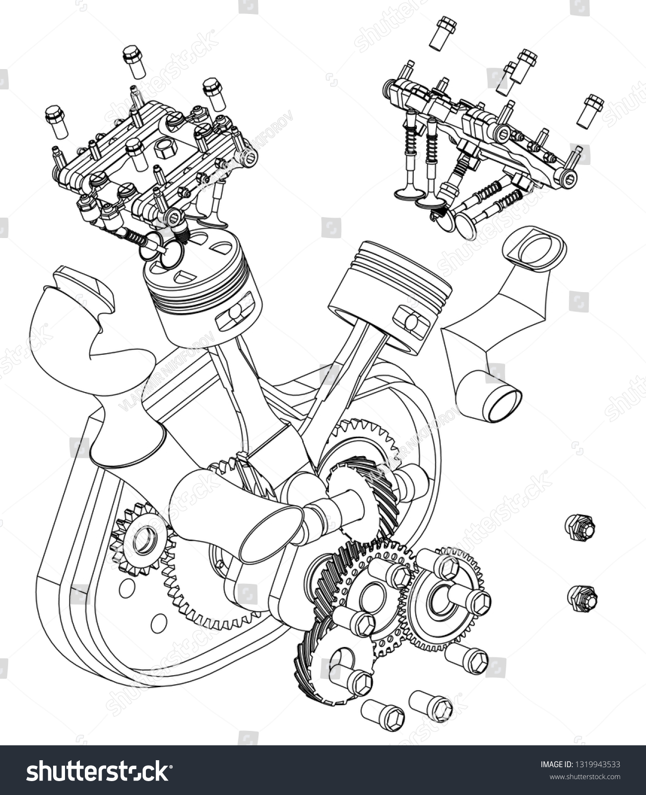 Disassembled Motorcycle Engine On White Background Stock Vector ...
