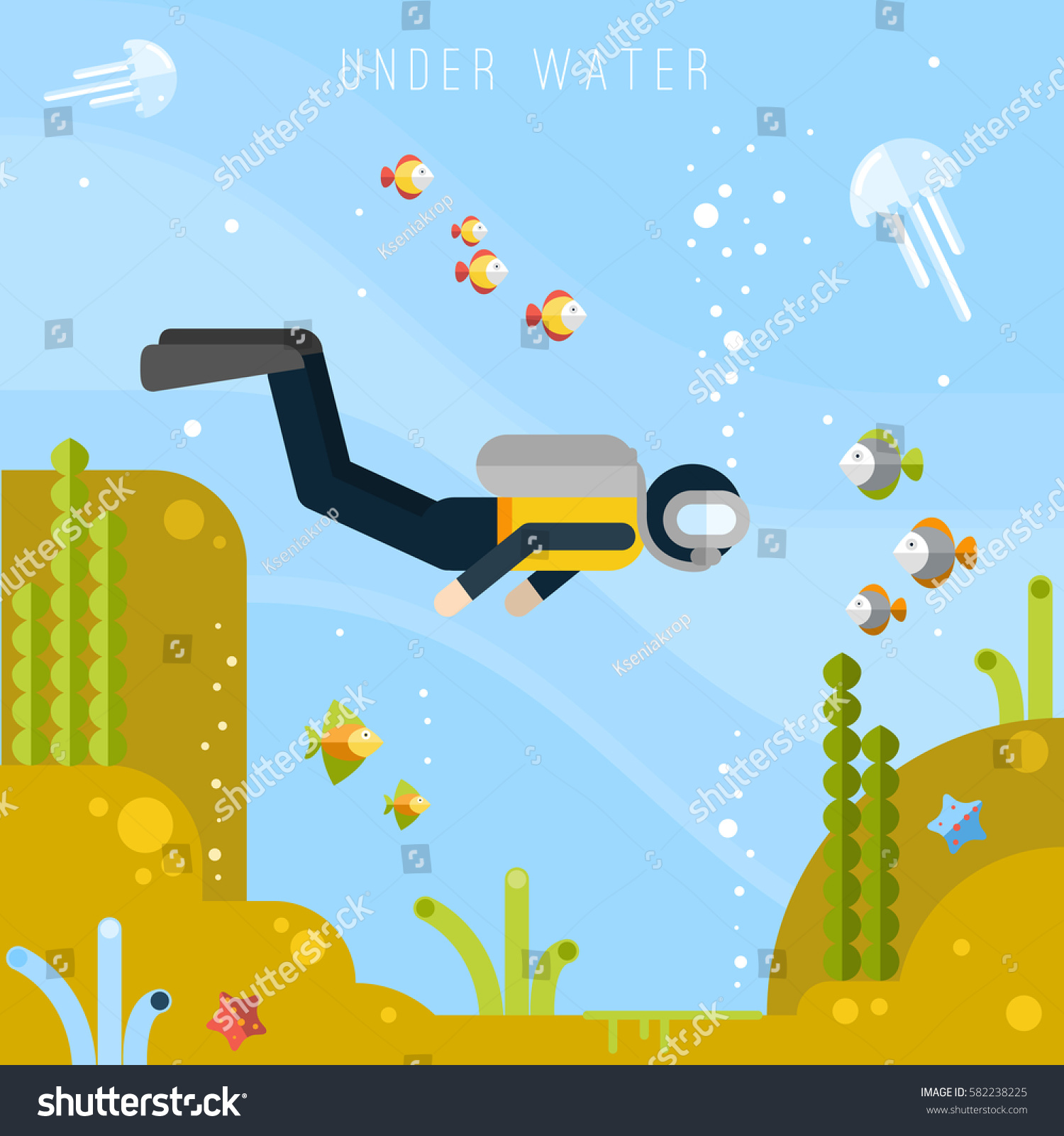 Diver Under Water Vector Flat Illustration Stock Vector (Royalty Free ...