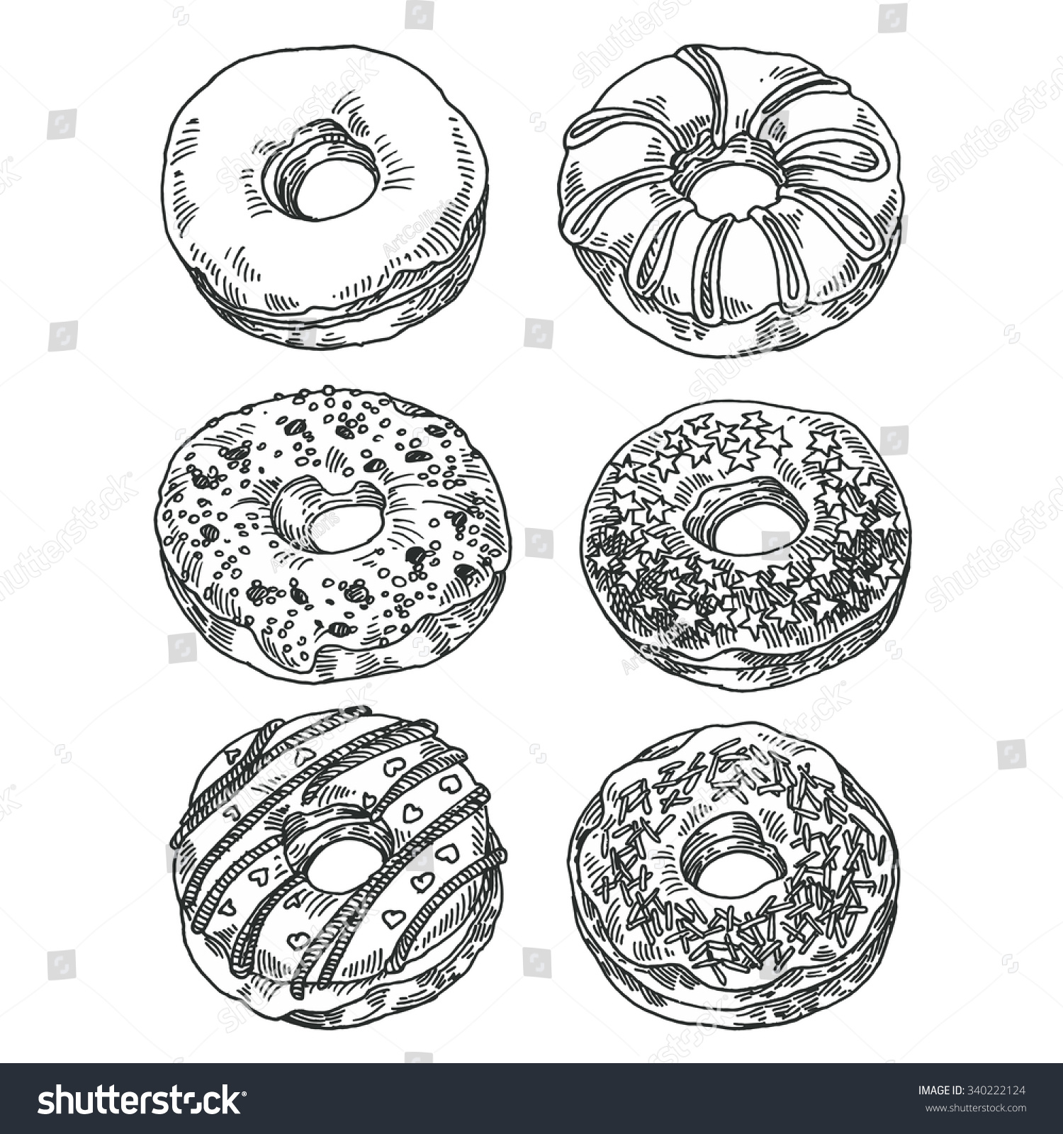 Donuts Set Vector Illustration Drawing Gravure: เวกเตอร์สต็อก (ปลอดค่า ...