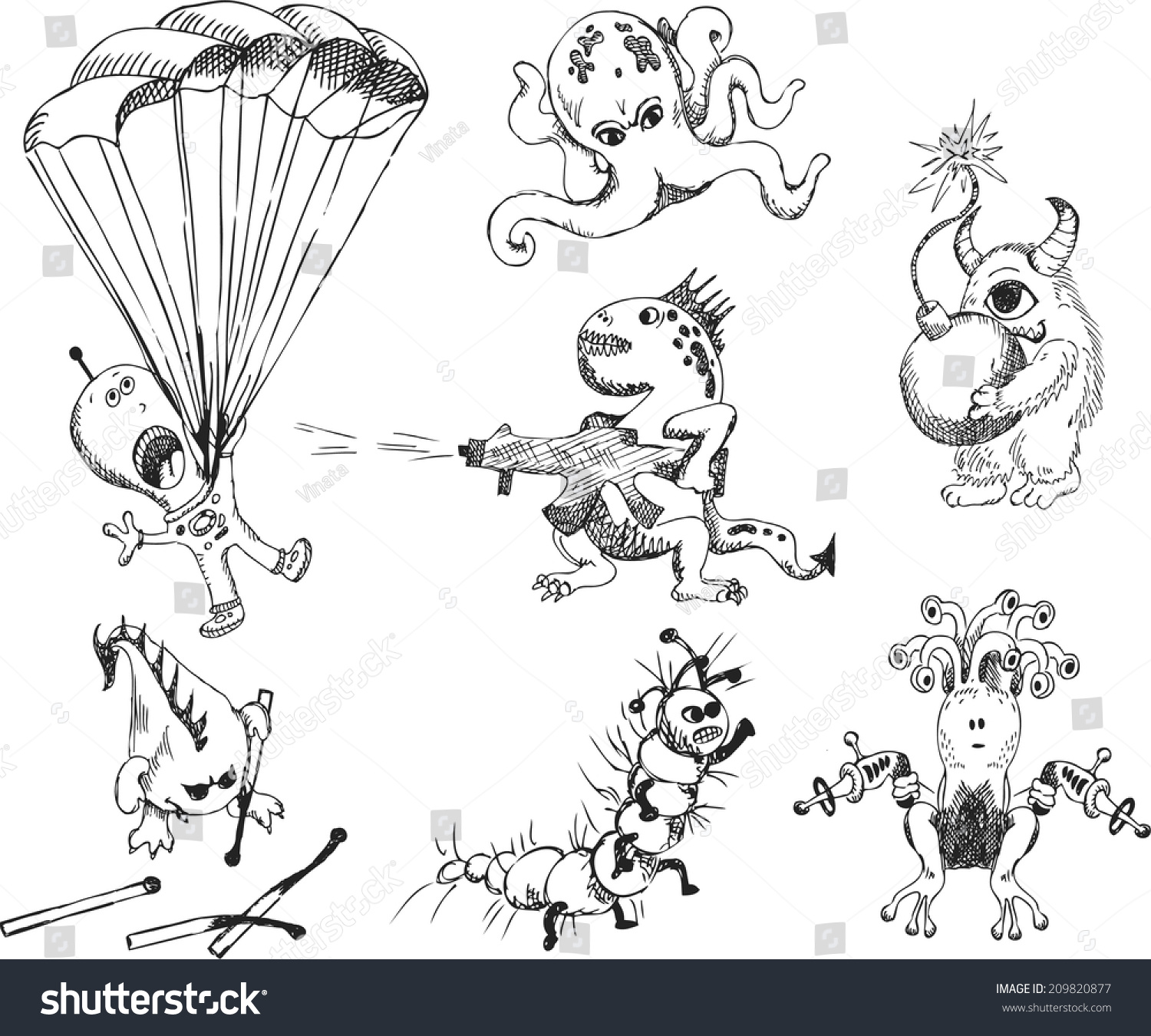 Doodle Angry Monsters Stock Vector (Royalty Free) 209820877 | Shutterstock