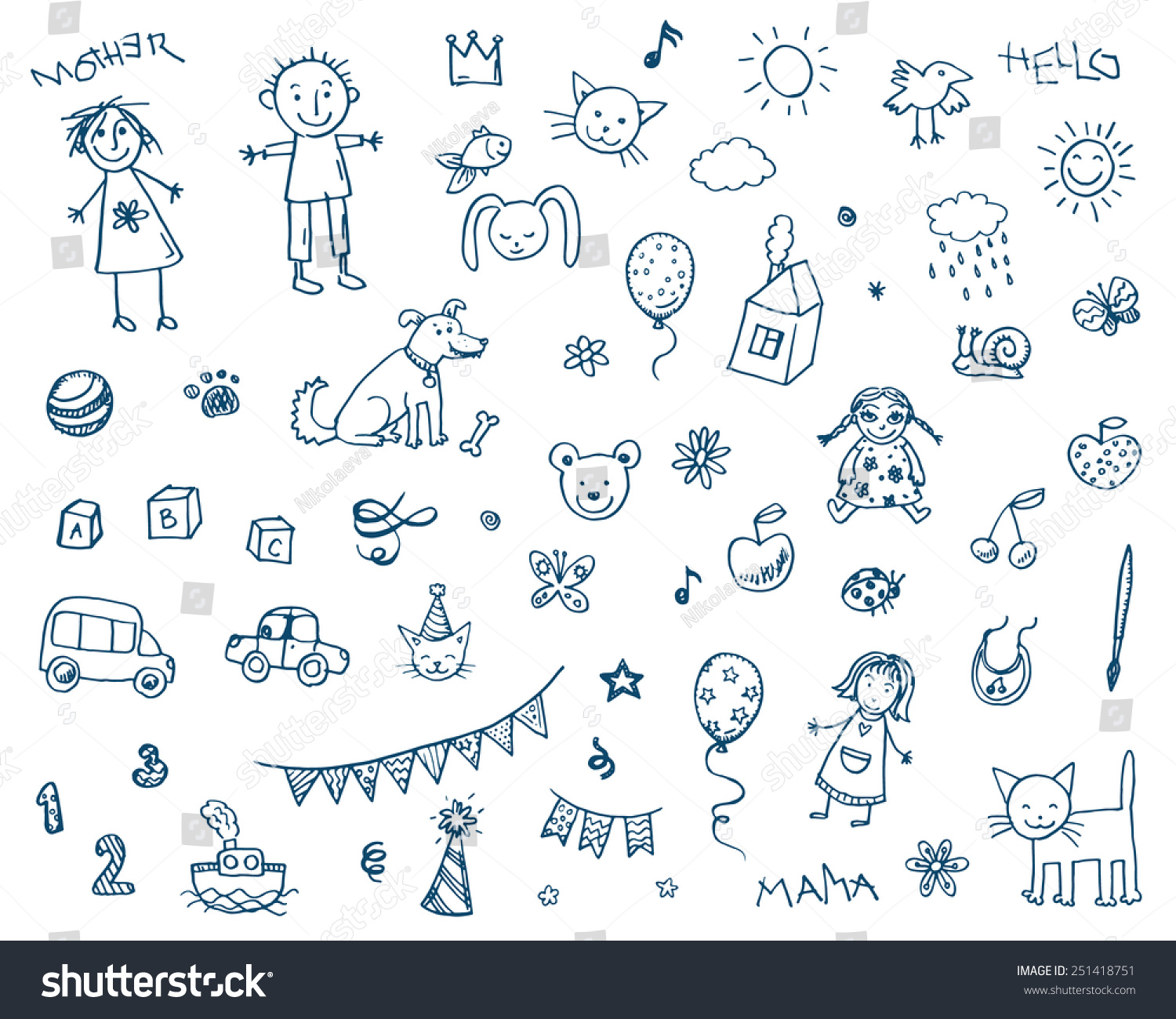 Doodle Children Drawing Set Stock Vector Illustration 251418751 ...