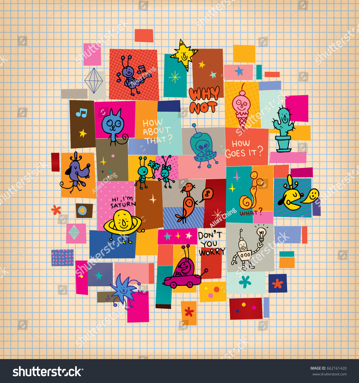 Doodle Collage Cartoon Characters Design Elements Stock Vector (Royalty ...