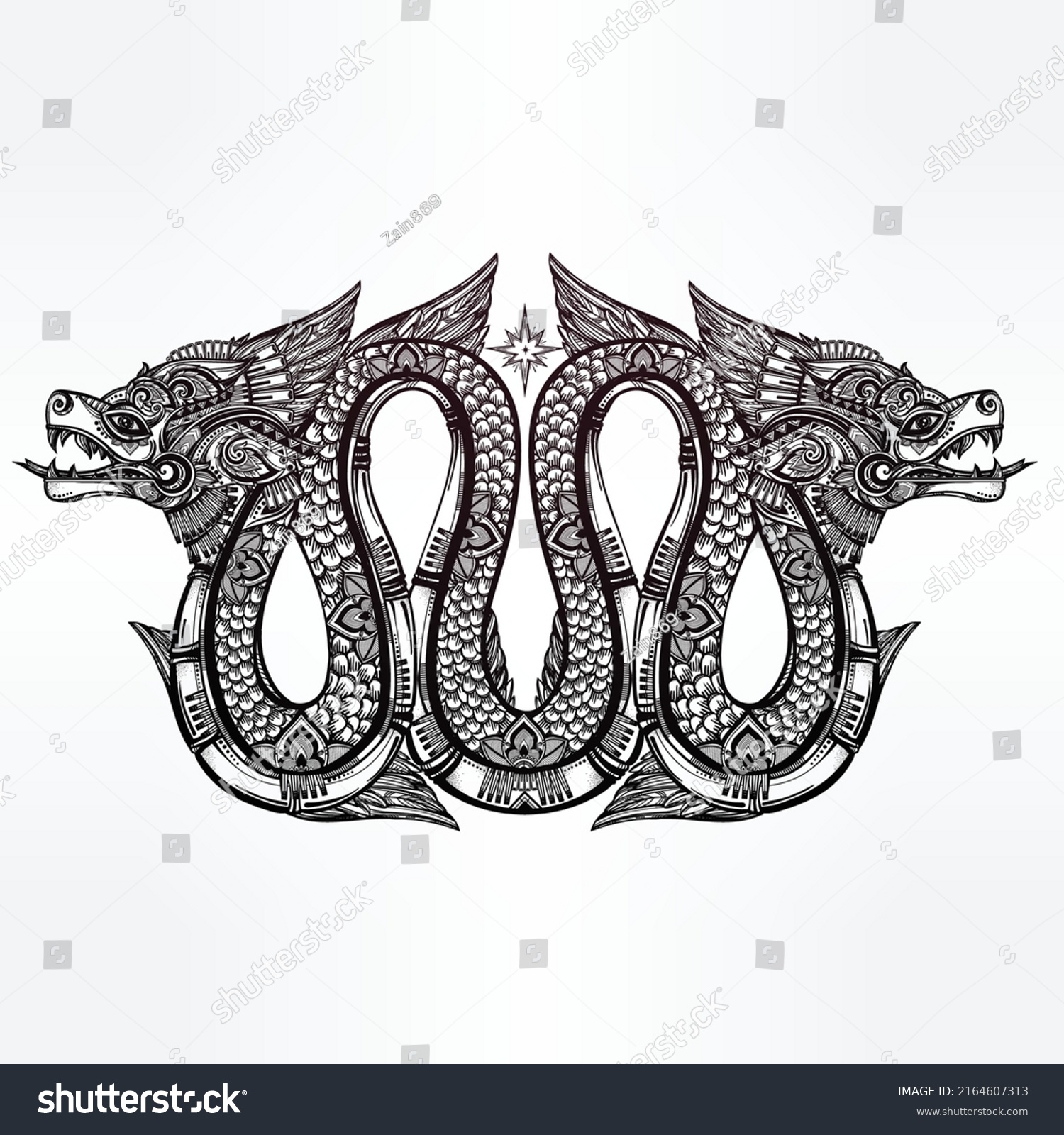 Double Dragon Face Tattoo Design Stock Vector (Royalty Free) 2164607313 ...