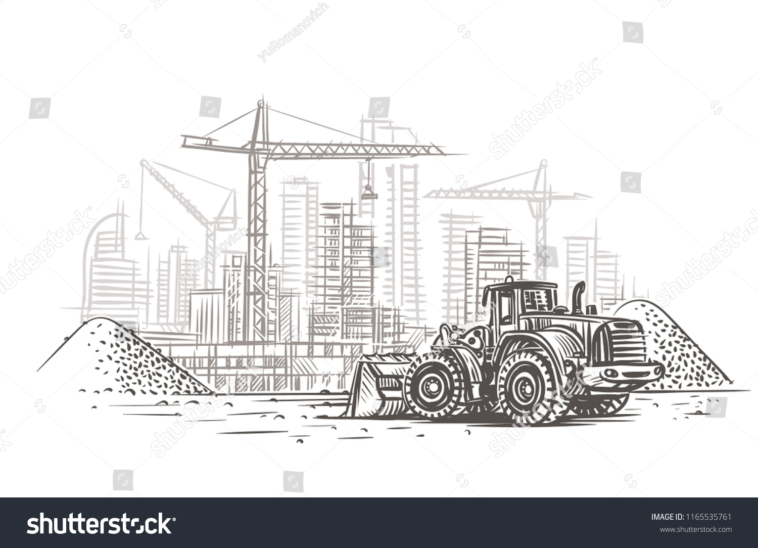Vektor Stok Dozer pada sketsa situs konstruksi. Vektor. (Tanpa Royalti ...