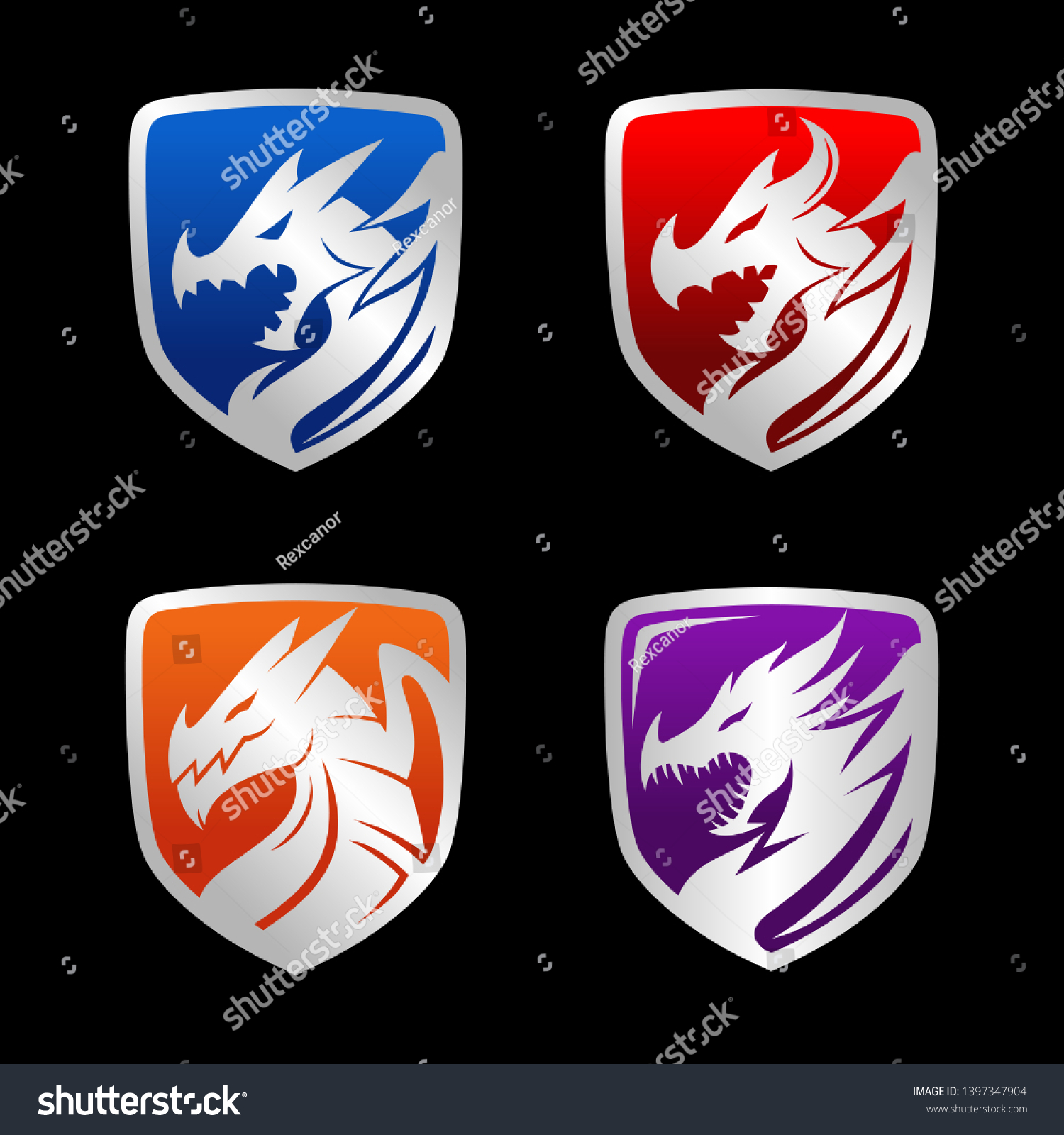 Vektor Stok Dragon Emblem Shield Set Logo Design (Tanpa Royalti ...