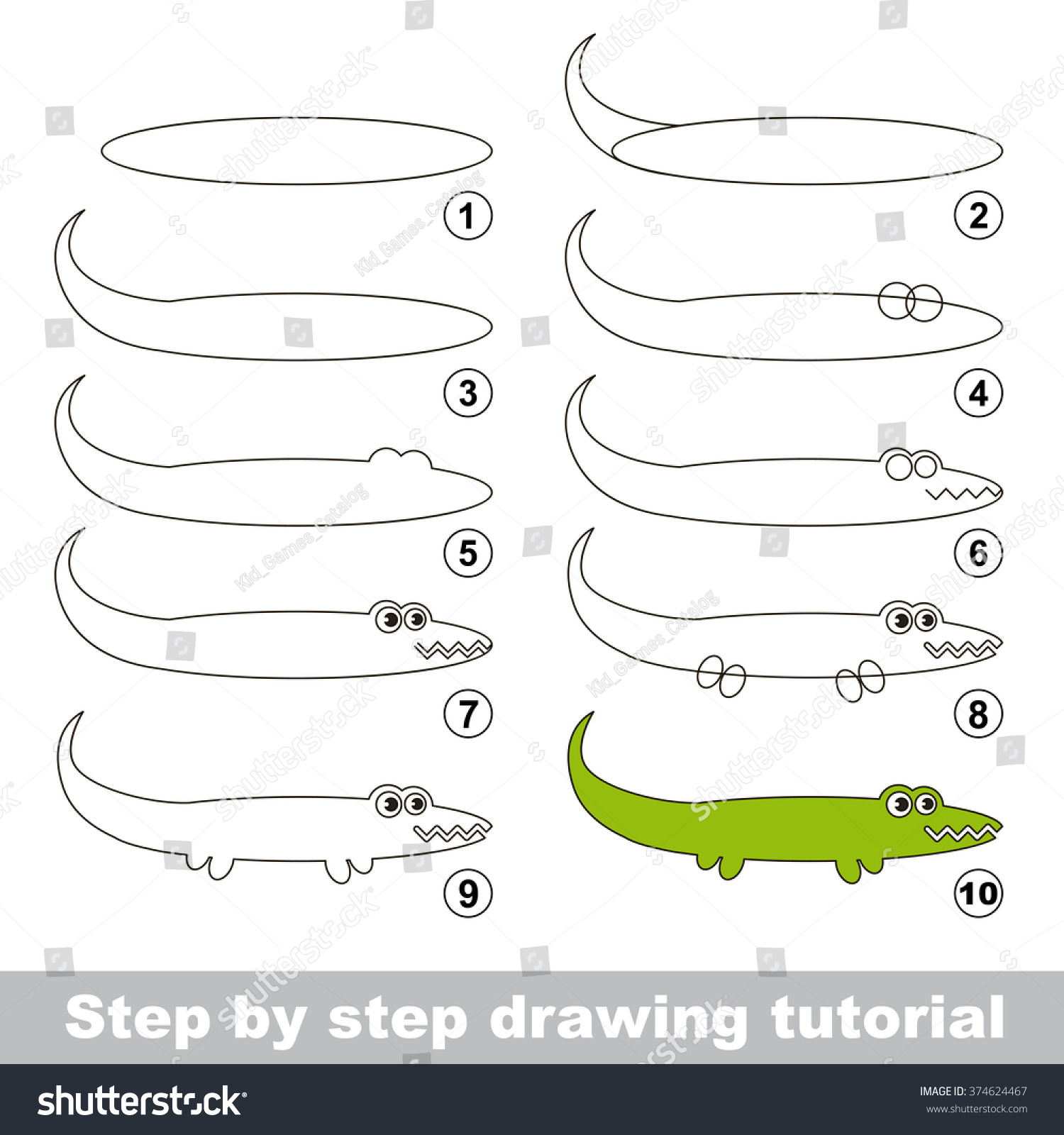 Drawing Tutorial How Draw Alligator: vector de stock (libre de regalías ...