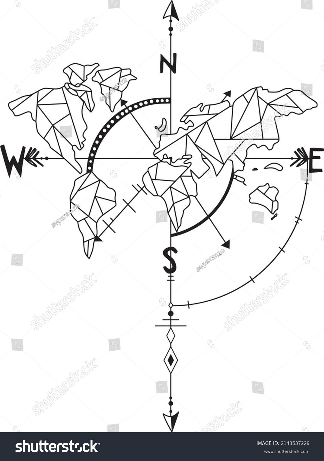 Drawn Compass World Map Design Stock Vector (Royalty Free) 2143537229 ...