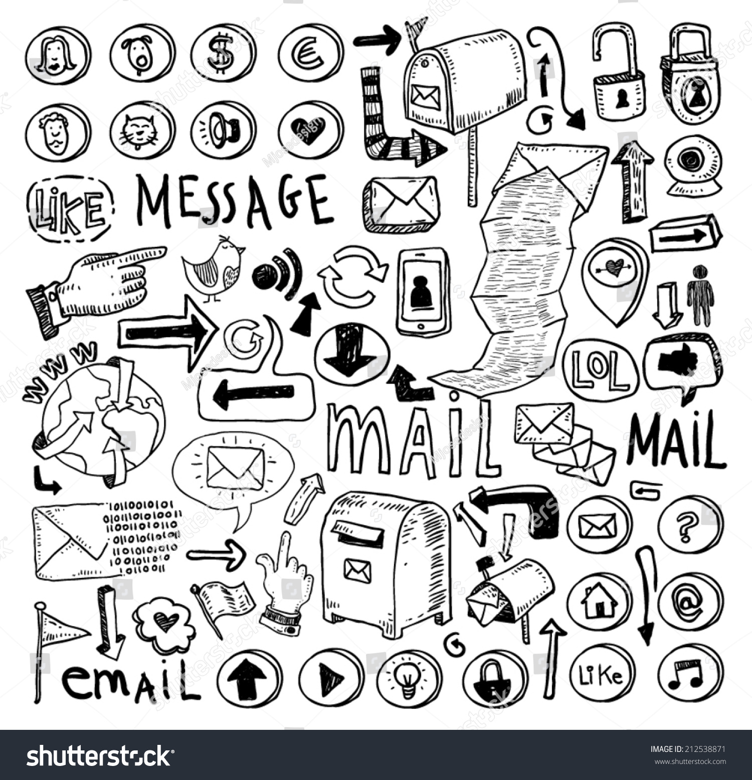 Email Doodle Set Handdrawn Vector Illustration: เวกเตอร์สต็อก (ปลอดค่า ...