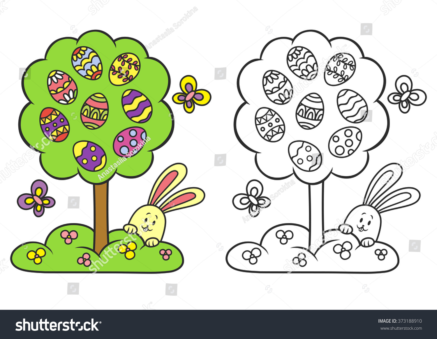 Easter Bunny Under Tree Coloring Page: เวกเตอร์สต็อก (ปลอดค่าลิขสิทธิ์ ...
