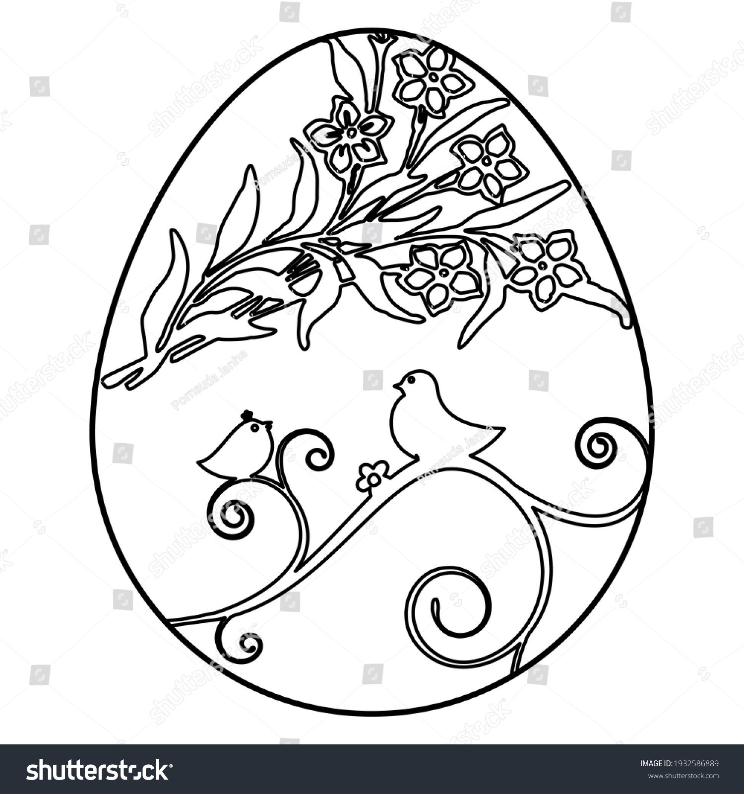 Easter Egg Bird Flower Coloring Page Stock Vector (Royalty Free) 1932586889