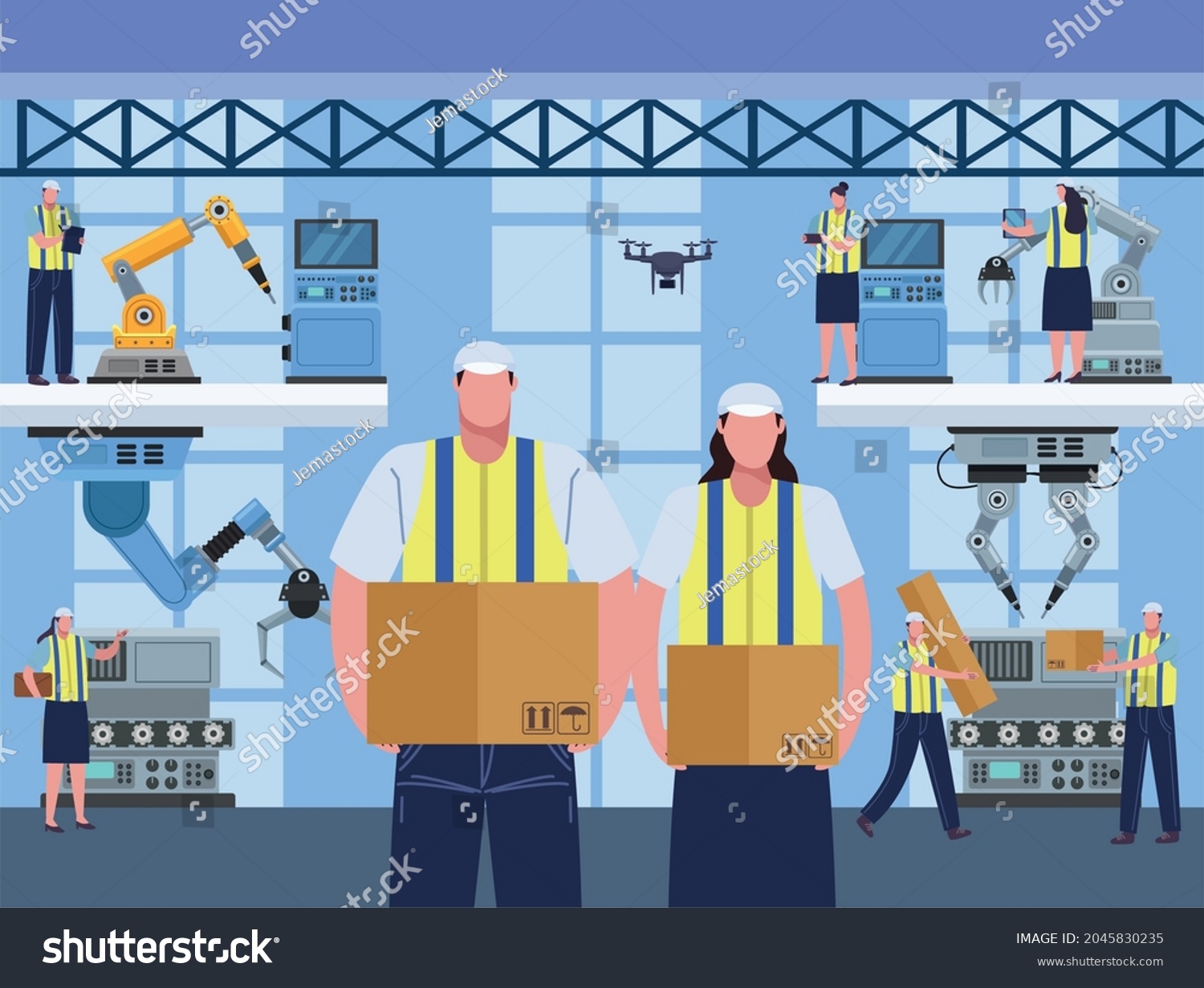 Eight Production Workers Characters Scene Stock Vector (Royalty Free ...