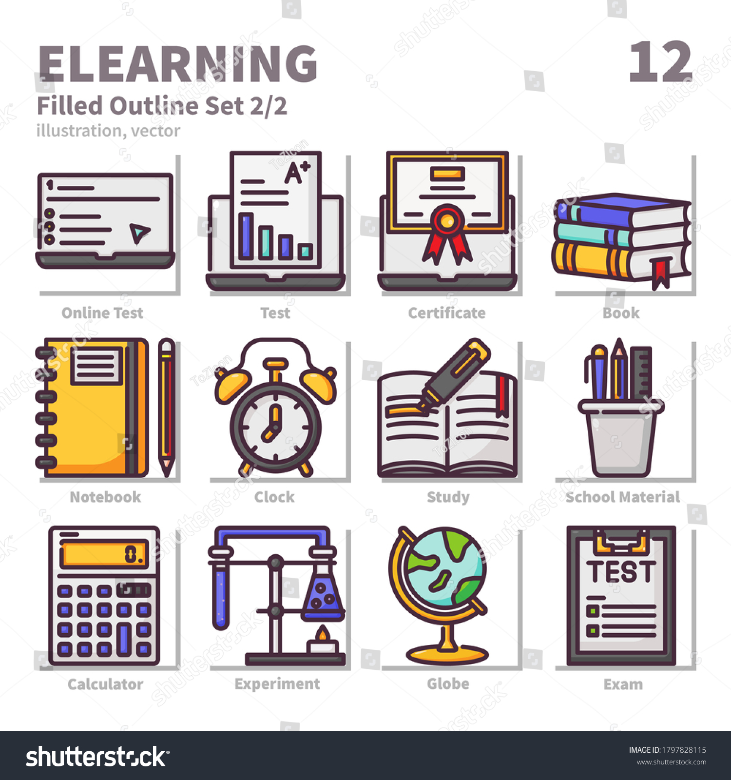 Elearning Icons Set Filled Outline Vector Stock Vector (Royalty Free ...
