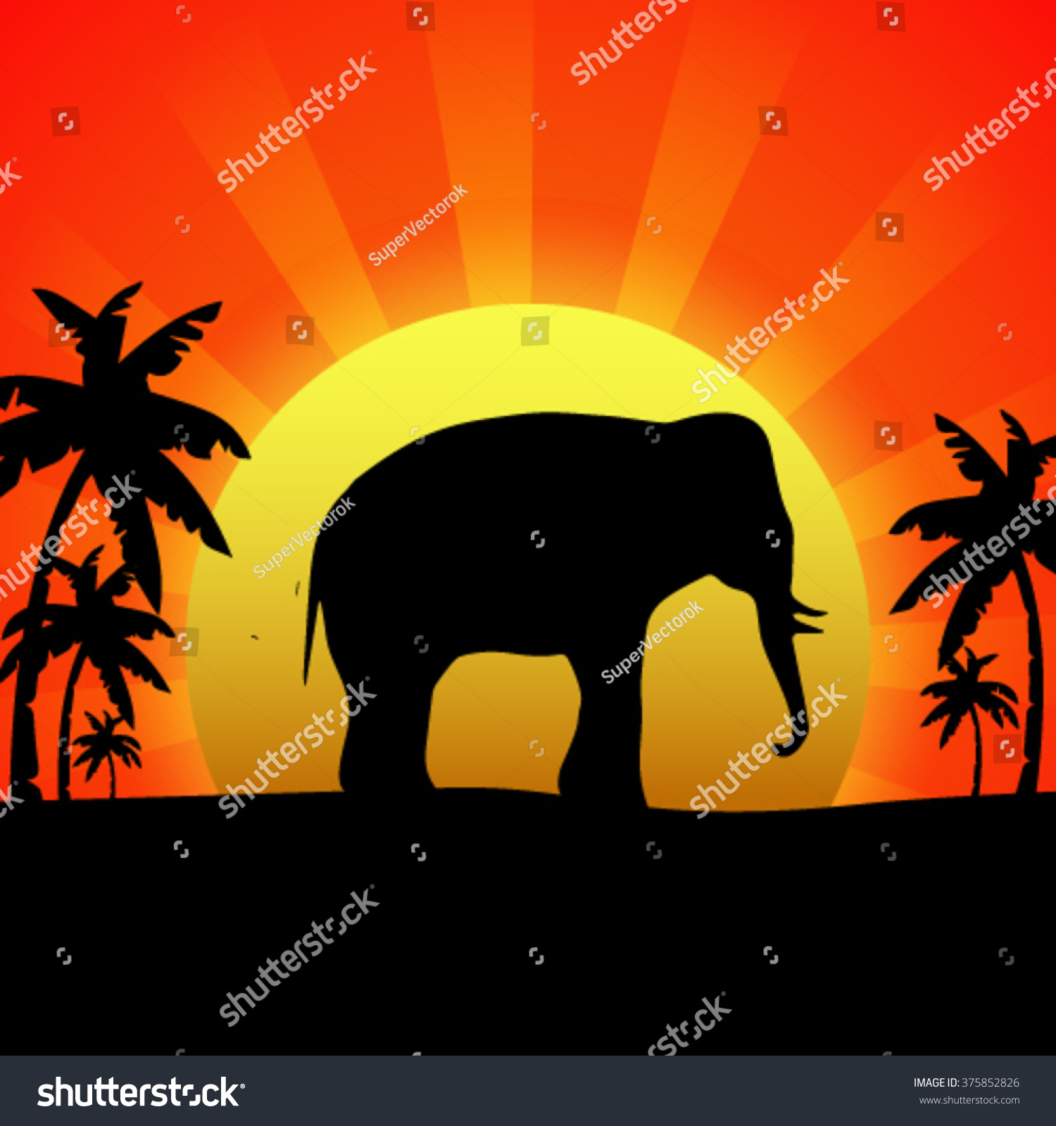 Elephant Sunset Illustration Stock Vector (Royalty Free) 375852826 ...