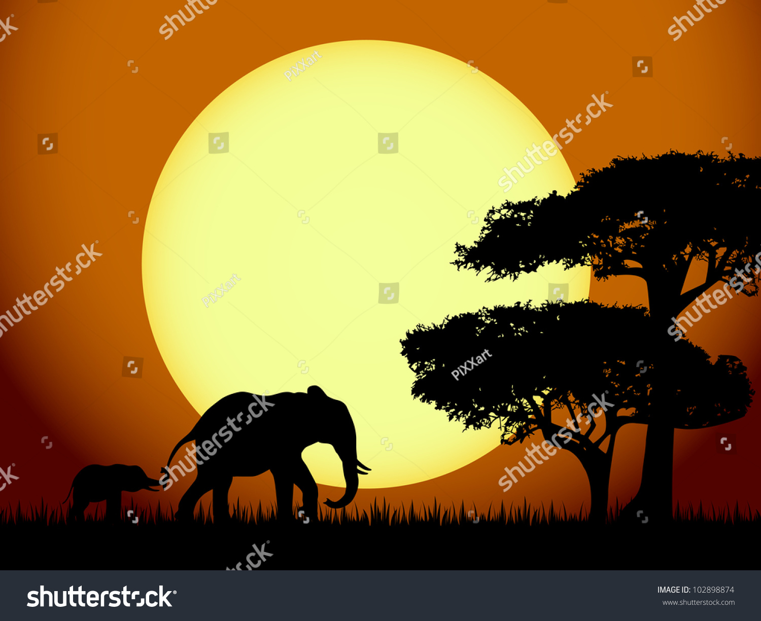 Elephants Sunset Stock Vector (Royalty Free) 102898874 | Shutterstock