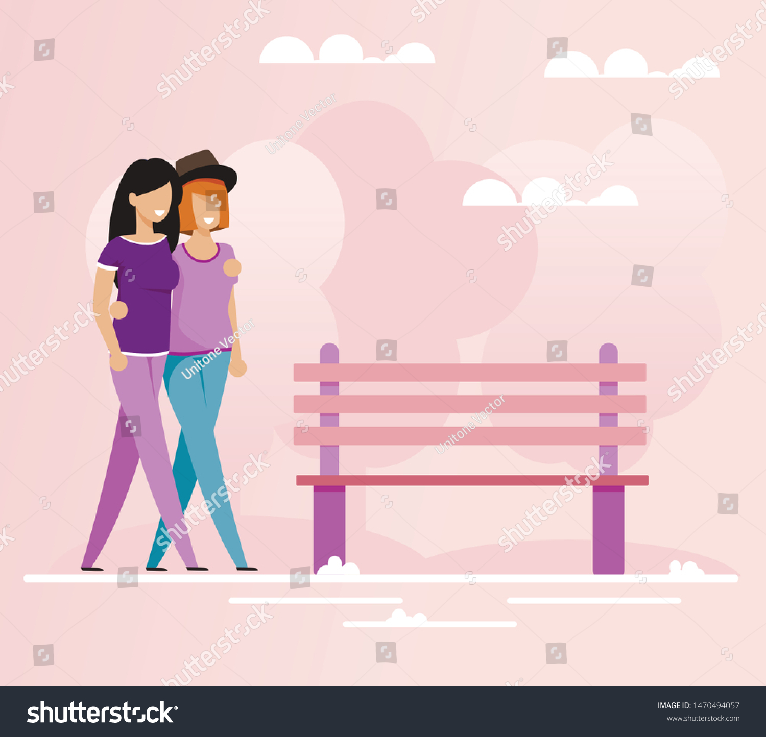 Embracing Lesbians Lovers Walking Park Cartoon Stock Vector Royalty