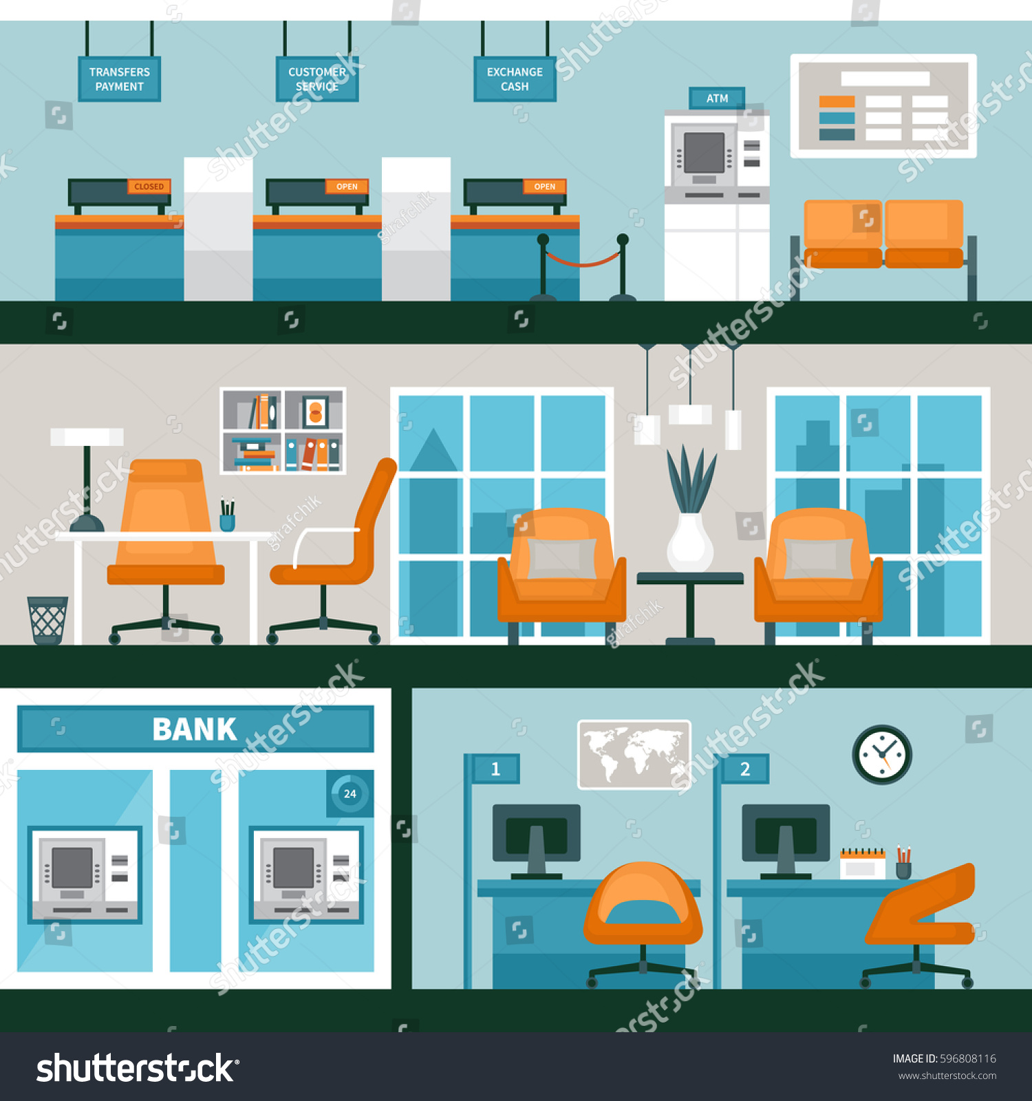 Empty Bank Office Interior Vector Illustration 库存矢量图（免版税）596808116 ...