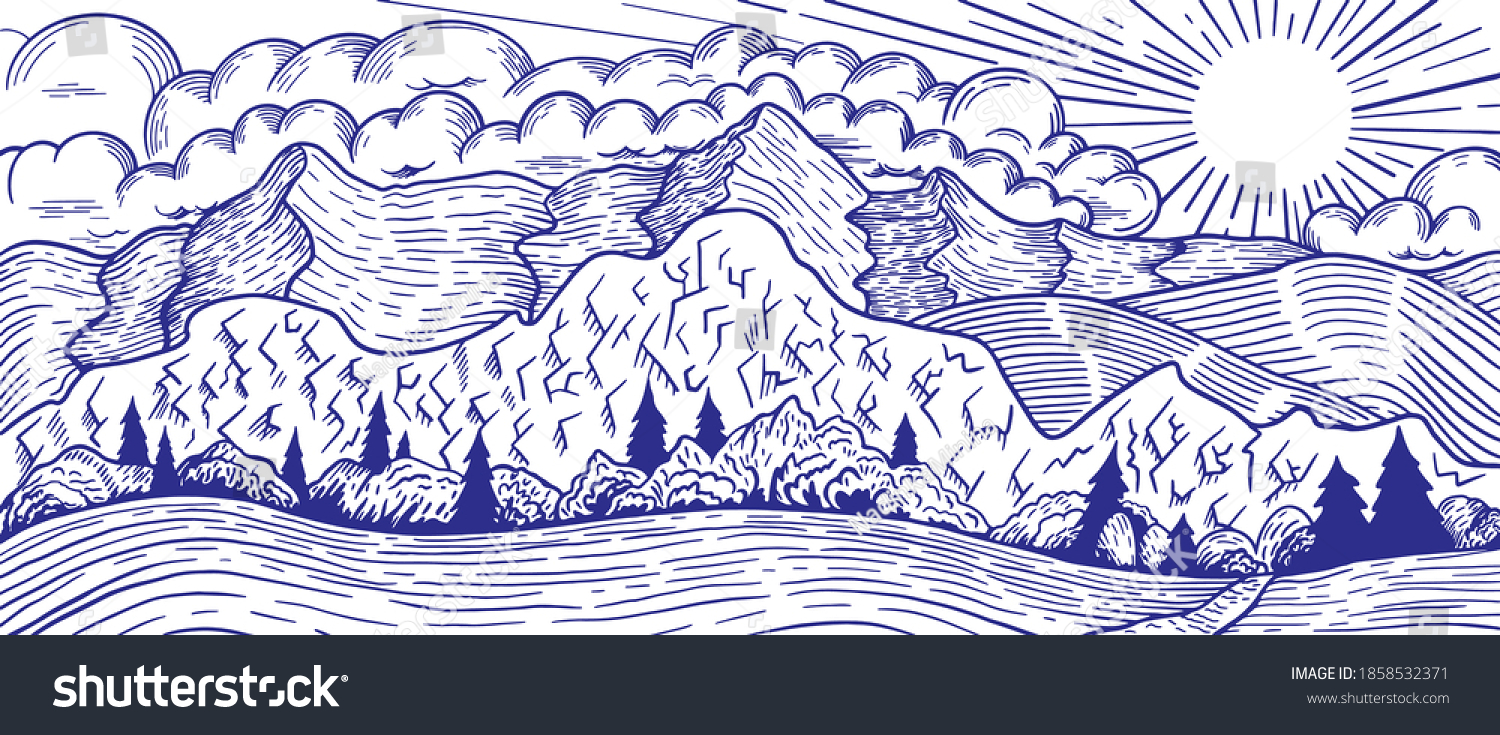 Engraved Mountain Landscape Vector Illustration Stock Vector (Royalty ...