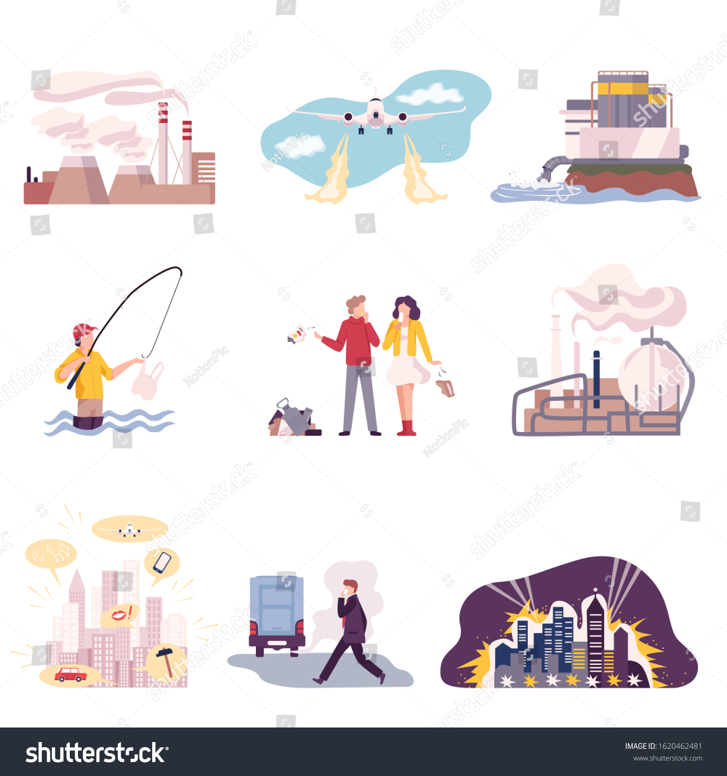 Environmental Pollution Sources Vector Illustrations Set Stock Vector ...