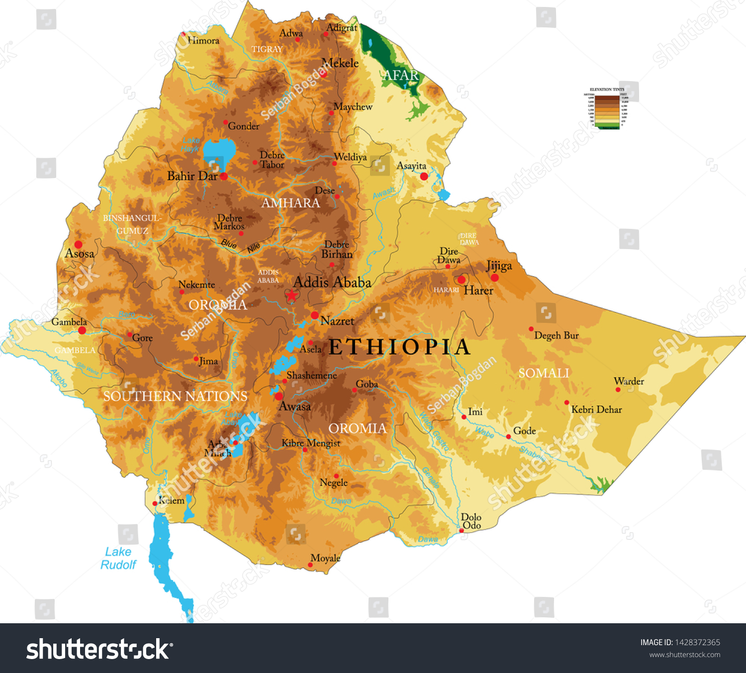 Ethiopia Physical Map Vector Format Stock Vector (Royalty Free) 1428372365
