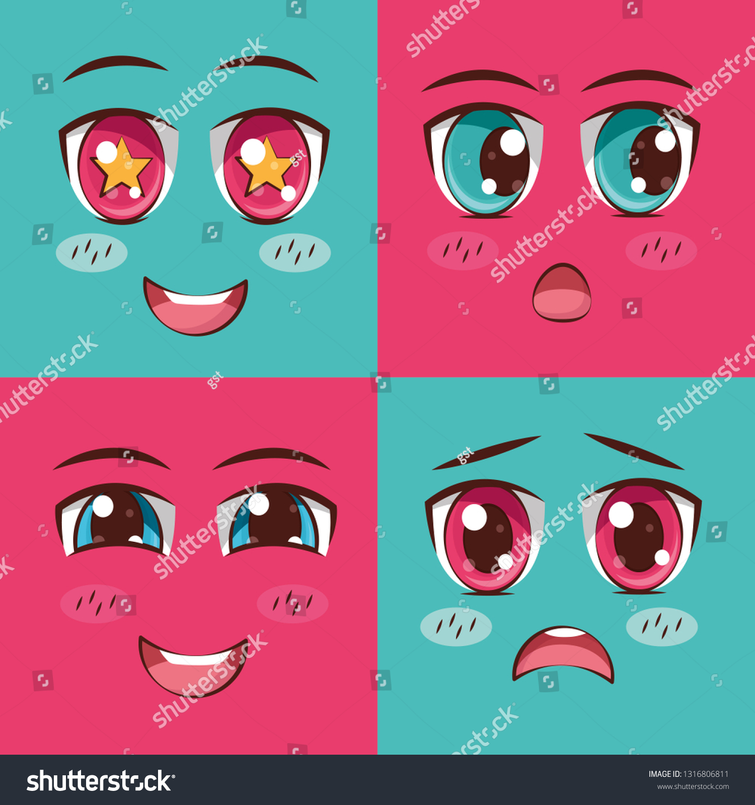 Face Anime Emoticon Set: เวกเตอร์สต็อก (ปลอดค่าลิขสิทธิ์) 1316806811 ...