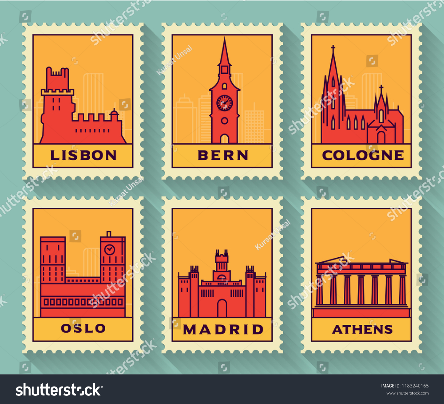 Famous Cities Stamp Collection: vector de stock (libre de regalías ...