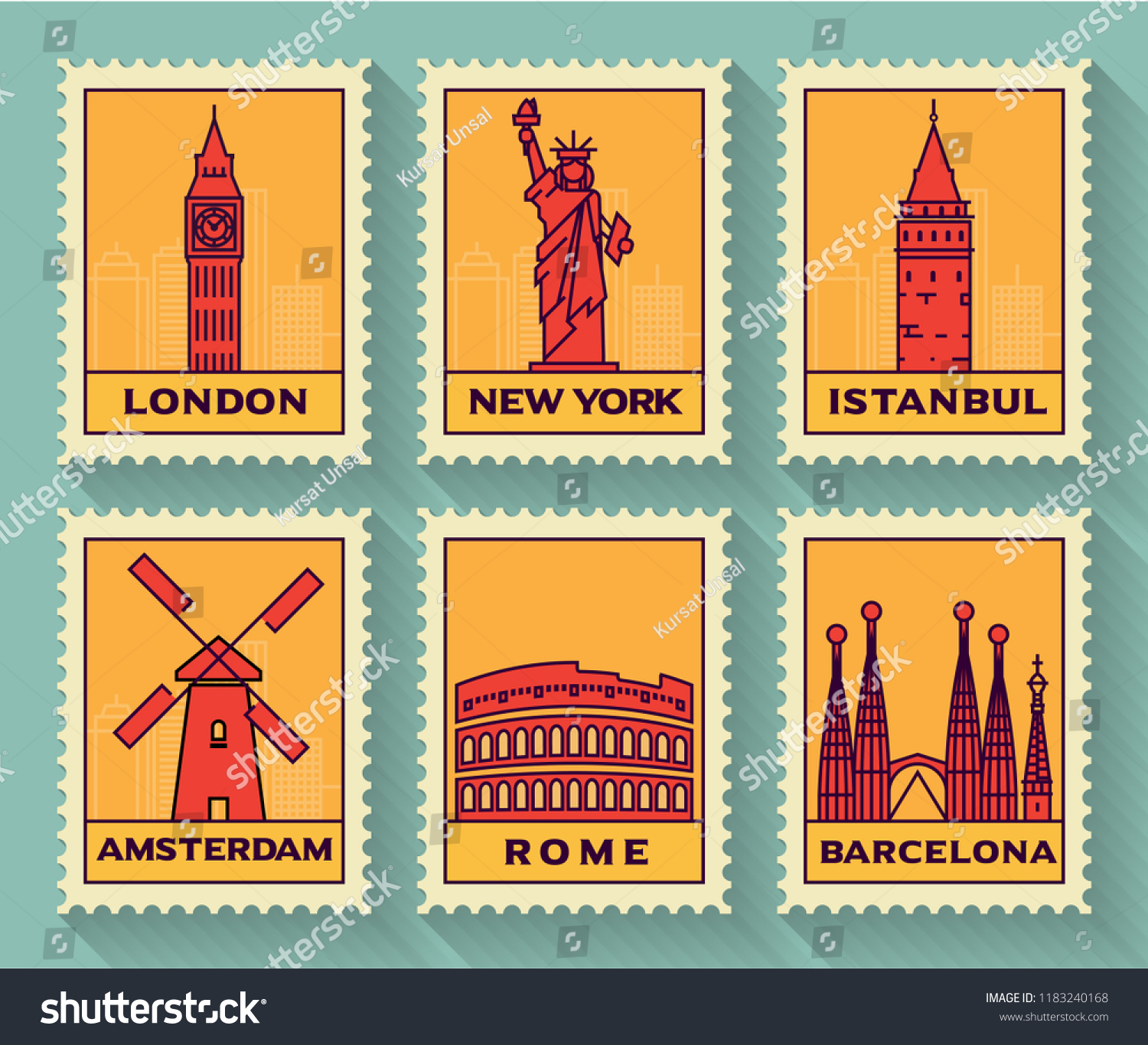 Famous Cities Stamp Collection Stock Vector (Royalty Free) 1183240168