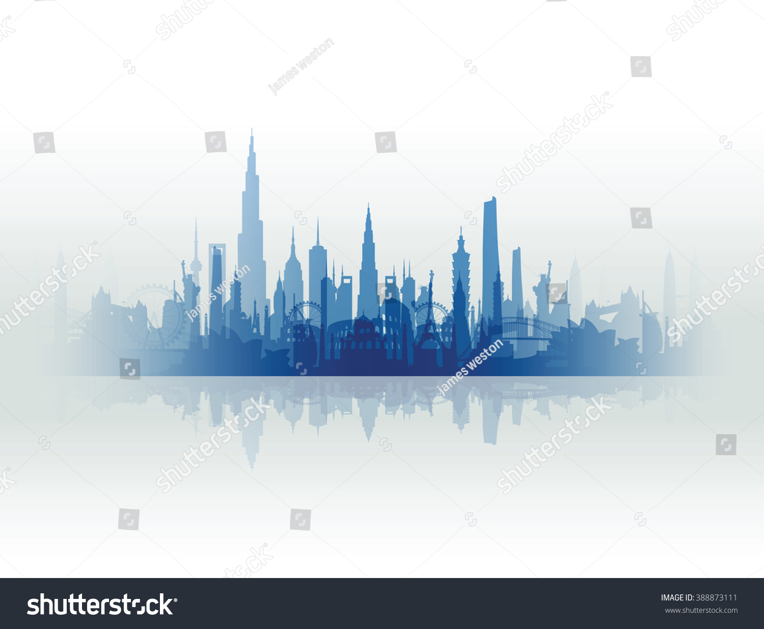 Vektor Stok Famous Landmarks Cityscape Background (Tanpa Royalti ...